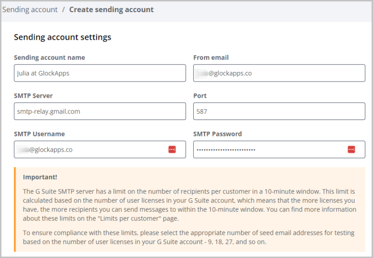 How to create a sending account with the Google Workspace SMTP settings? - Help - Glockapps